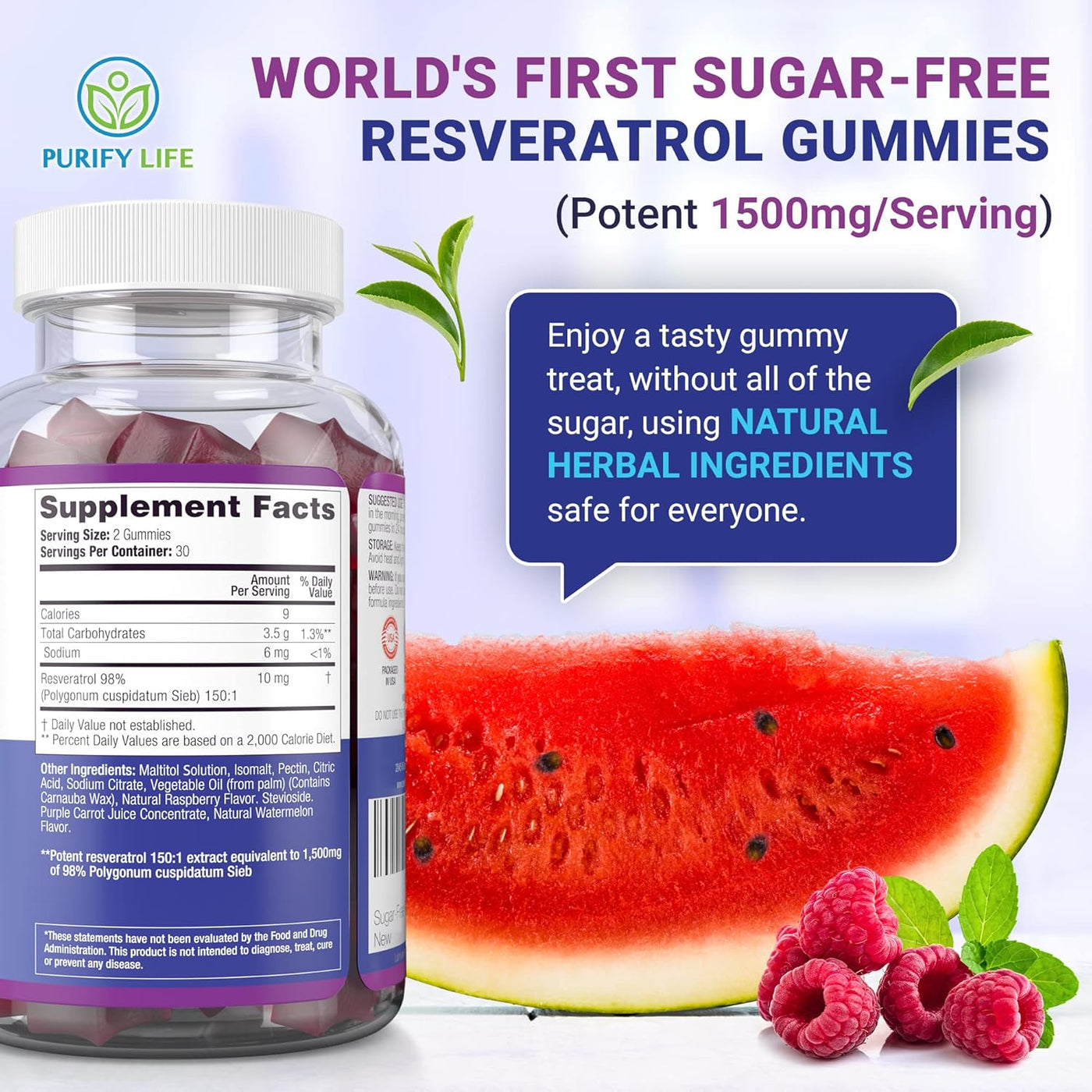 Sugar Free Resveratrol Gummies 1,500mg/Serving - Anti-Aging Chews ...